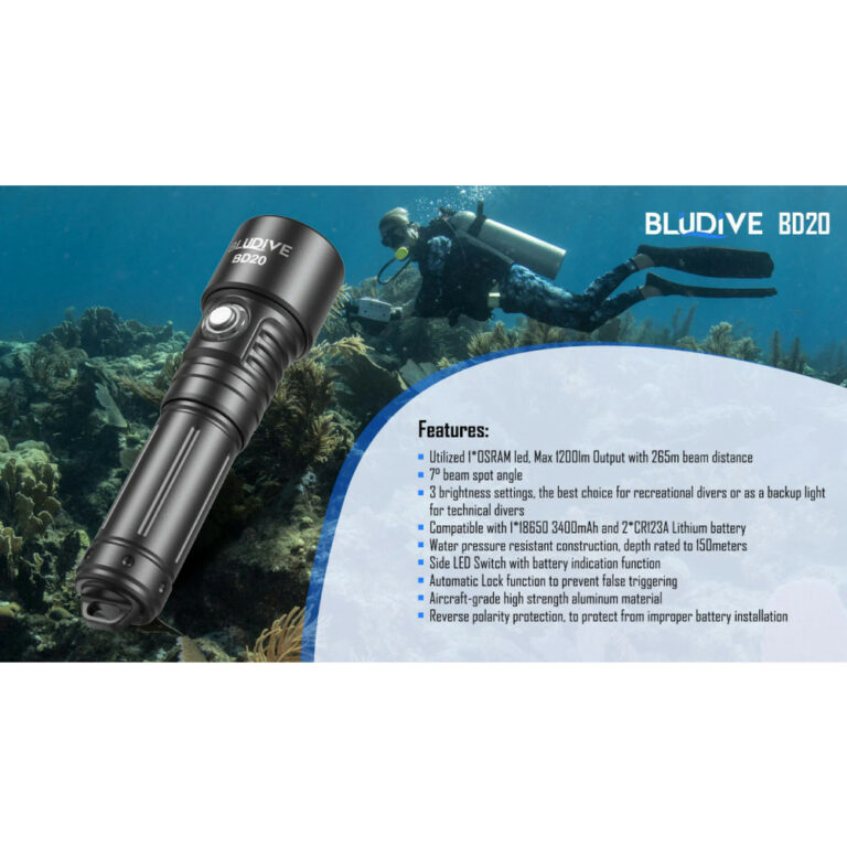 BluDive BD20 Diving Light with Strobe – 1200 lumens, 150 Metres Diving ...